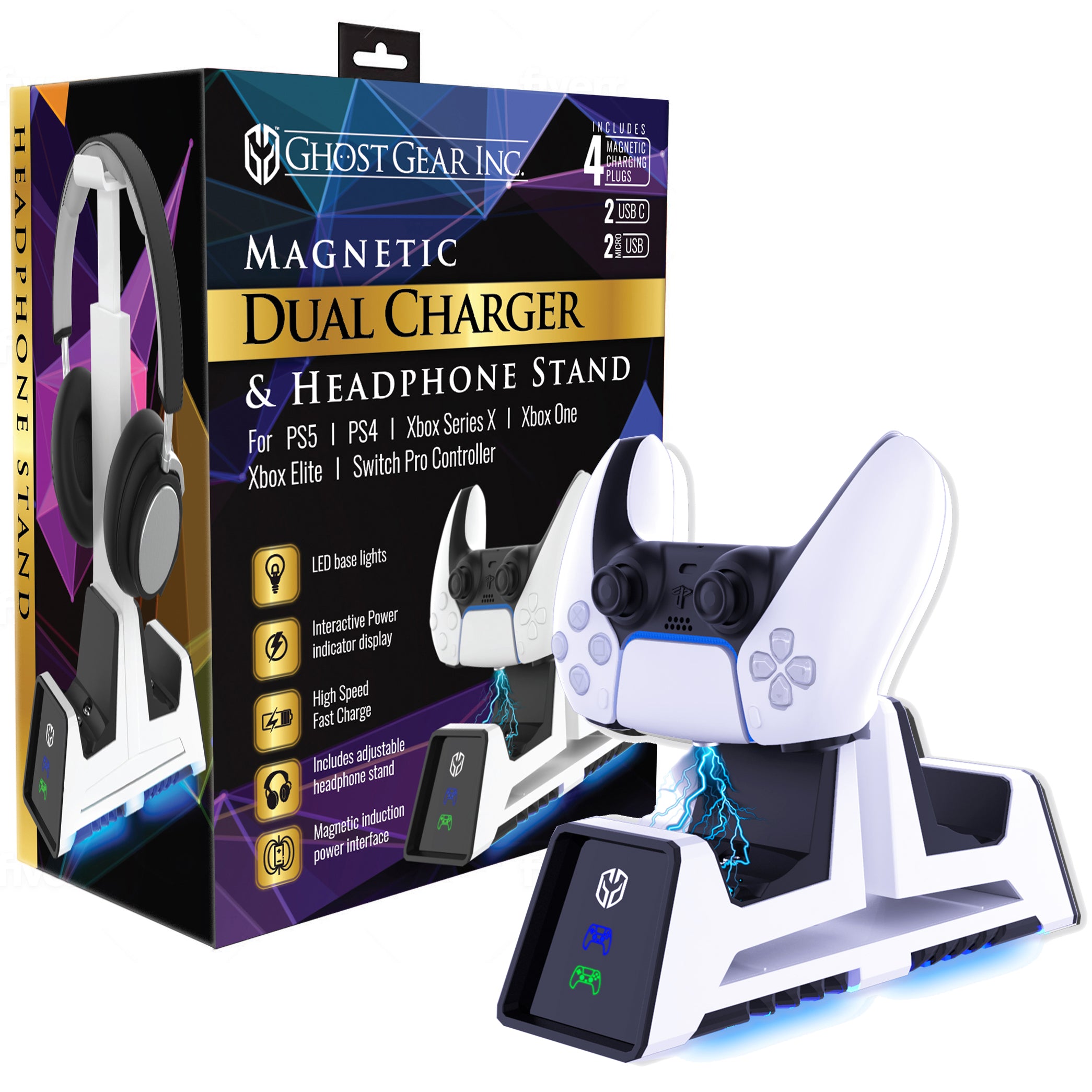 GHOST GEAR™ GG™ PS5 Dual Charger and Headphone Stand with Magnetic Ind ...
